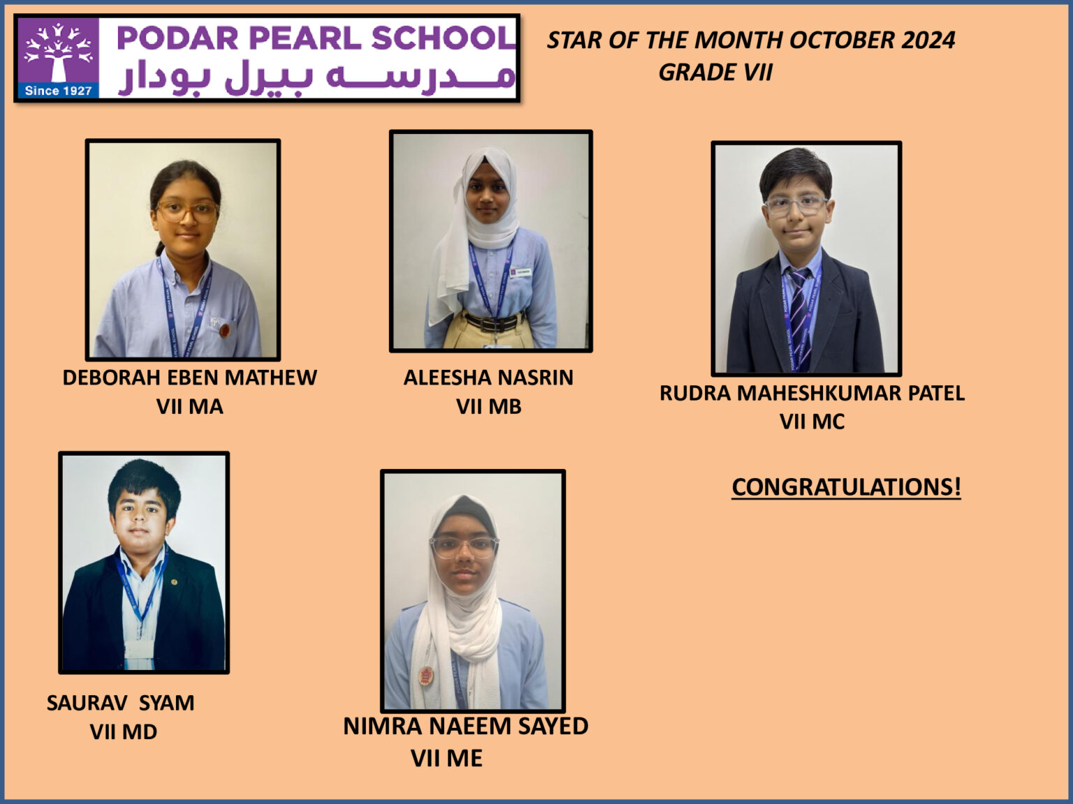 Grade 6-8: Star Student of the Month October (Meshaf 2024-2025) - Podar ...